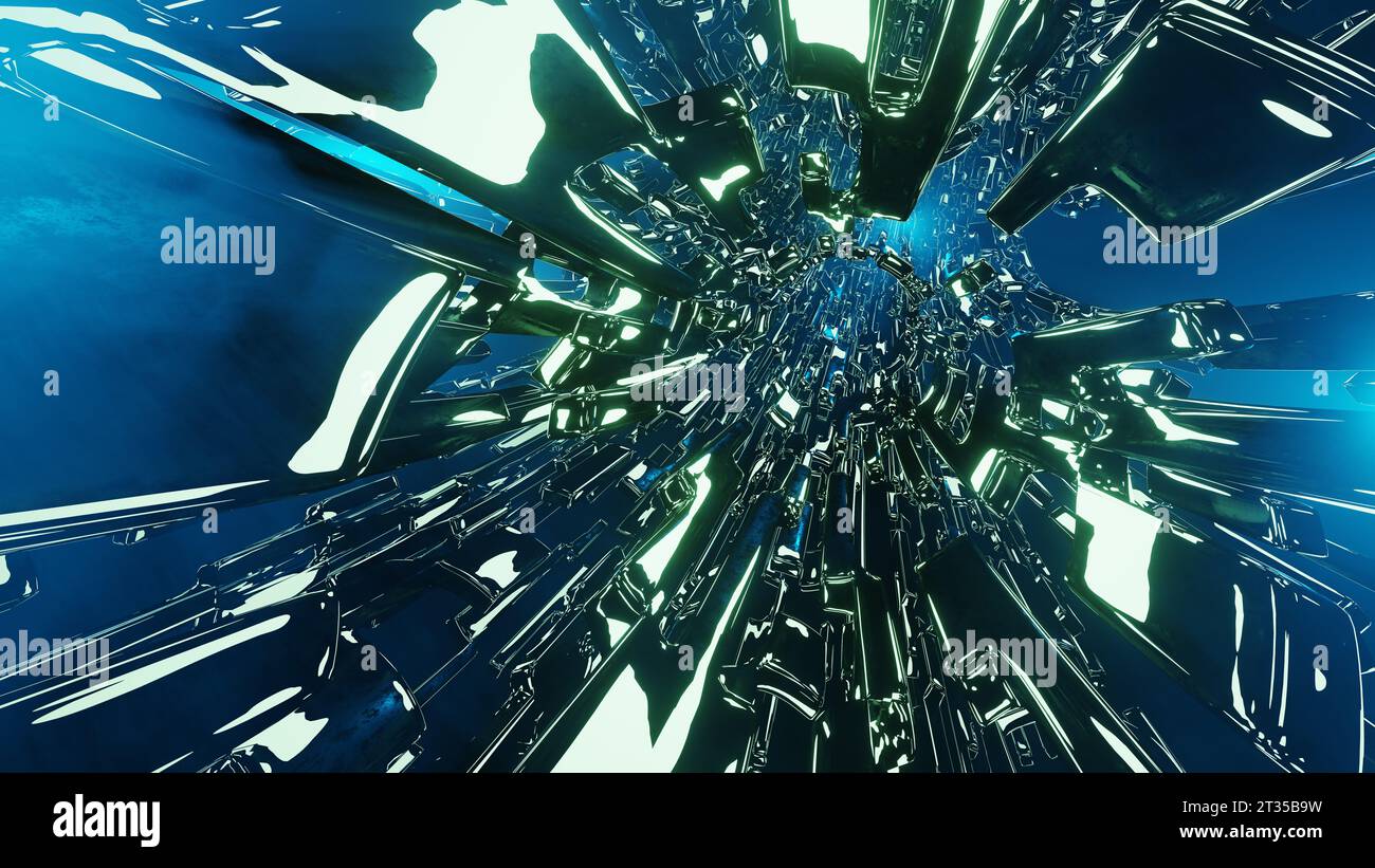 Tunnel of flying steel glowing blocks in blue dim light space. Abstract ...