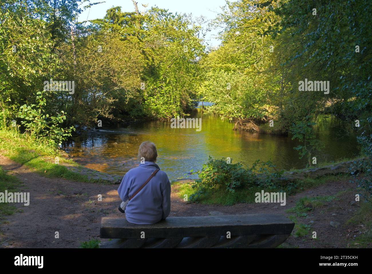 Woman sitting alone on bench beside river. Evening light. Looking ...