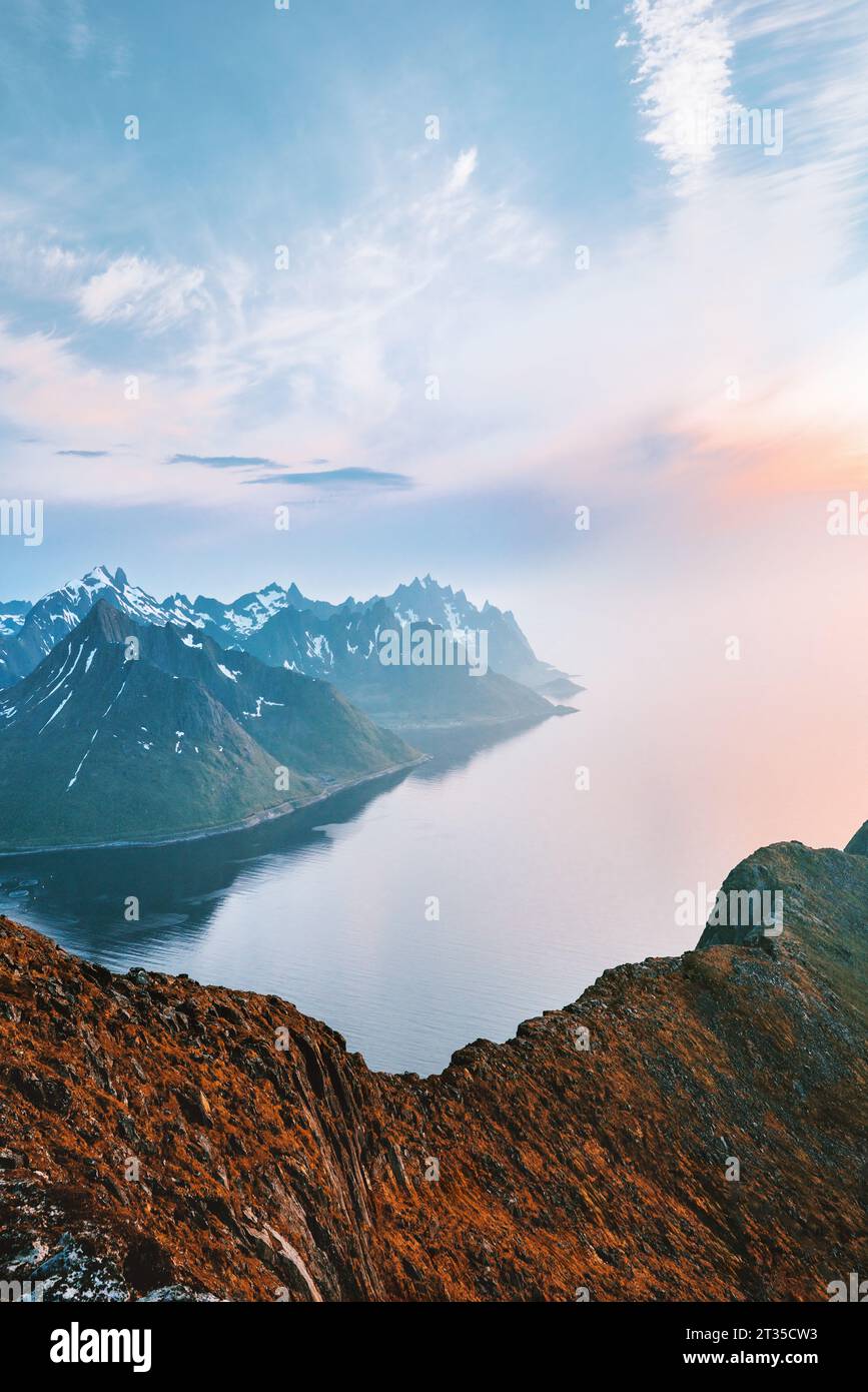 Fjord and mountains landscape in Norway Senja island aerial view travel ...