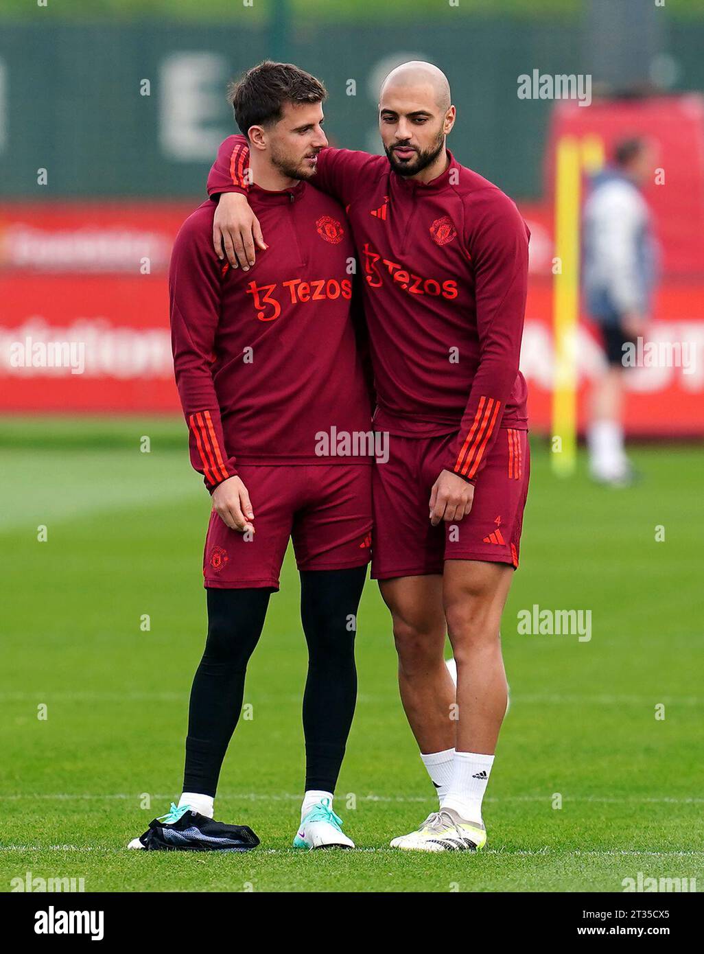 Manchester United's Mason Mount and Sofyan Amrabat (right) during a training session at the ...