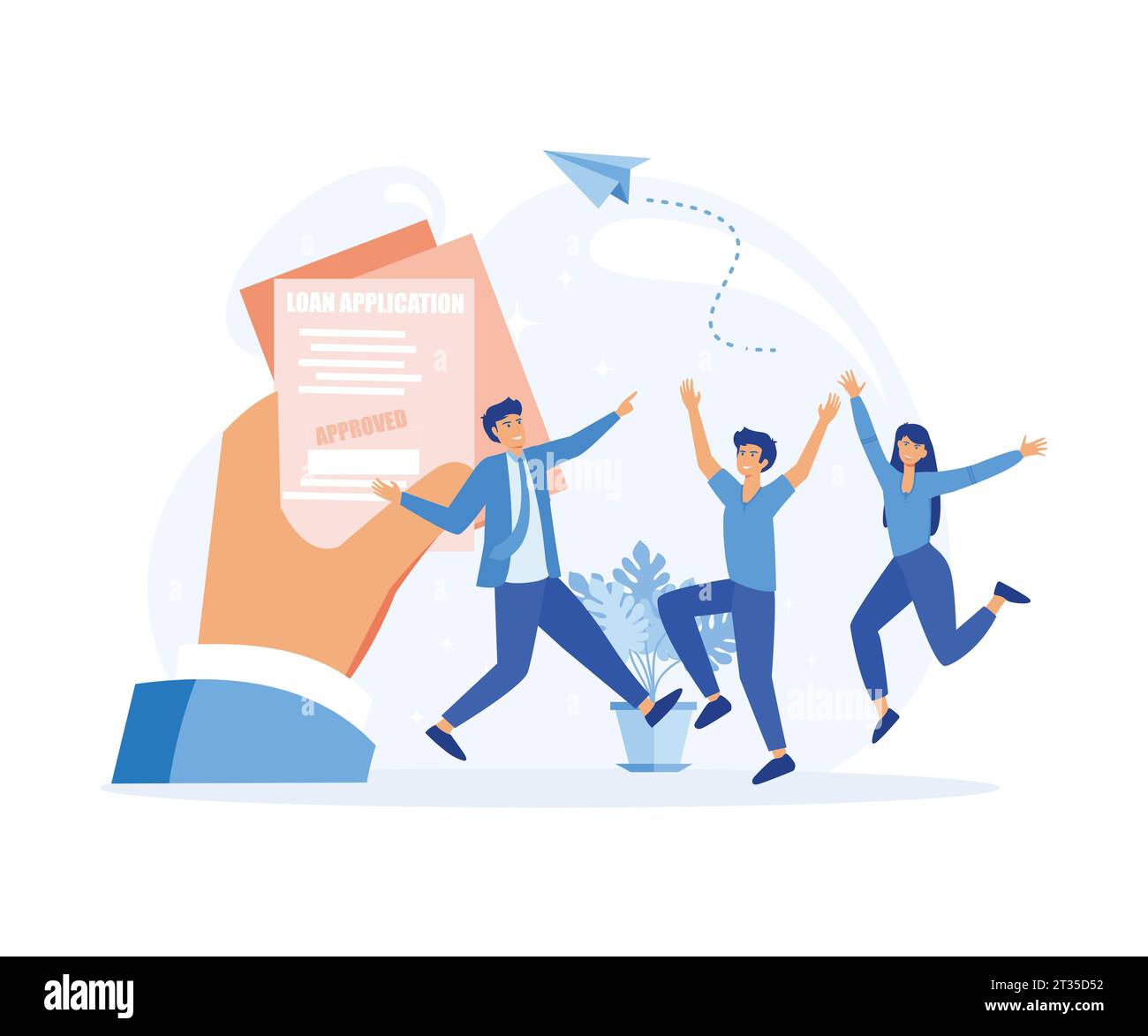 Mortgage or credit form with stamp approved. Hand holds loan approval application paper sheets ...