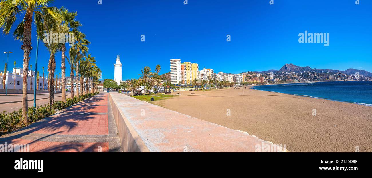 Malaga beach and lighthouse panoramic view, Andalusia region of Spain ...