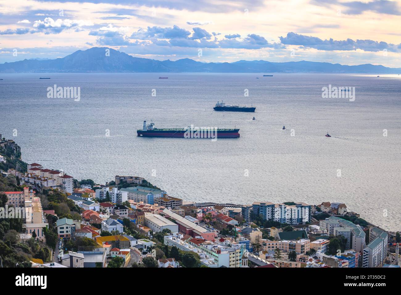 Gibraltar straight view from rock of Gibraltar. Ships between Africa ...