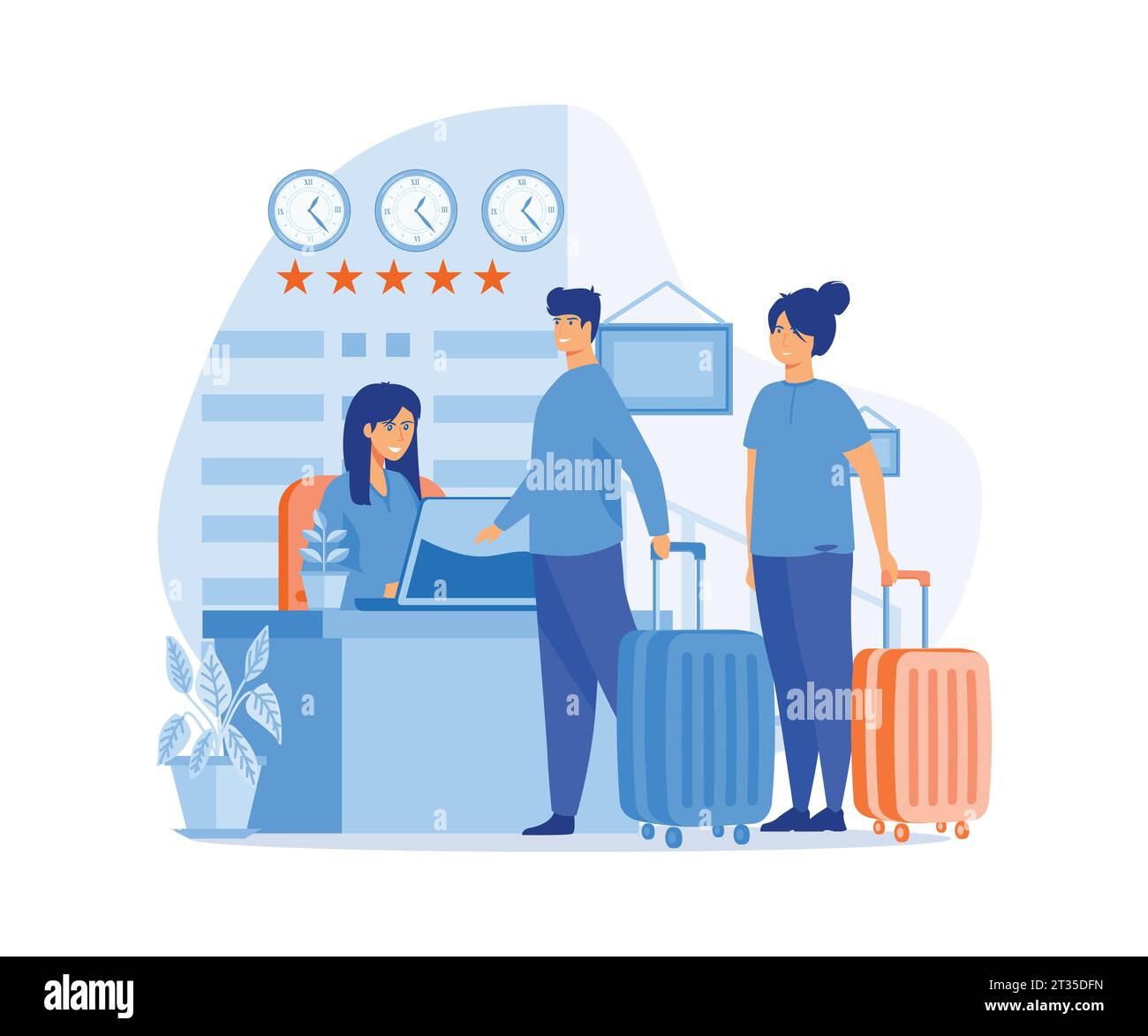 Hotel receptionist, guests talking with receptionist, registration ...