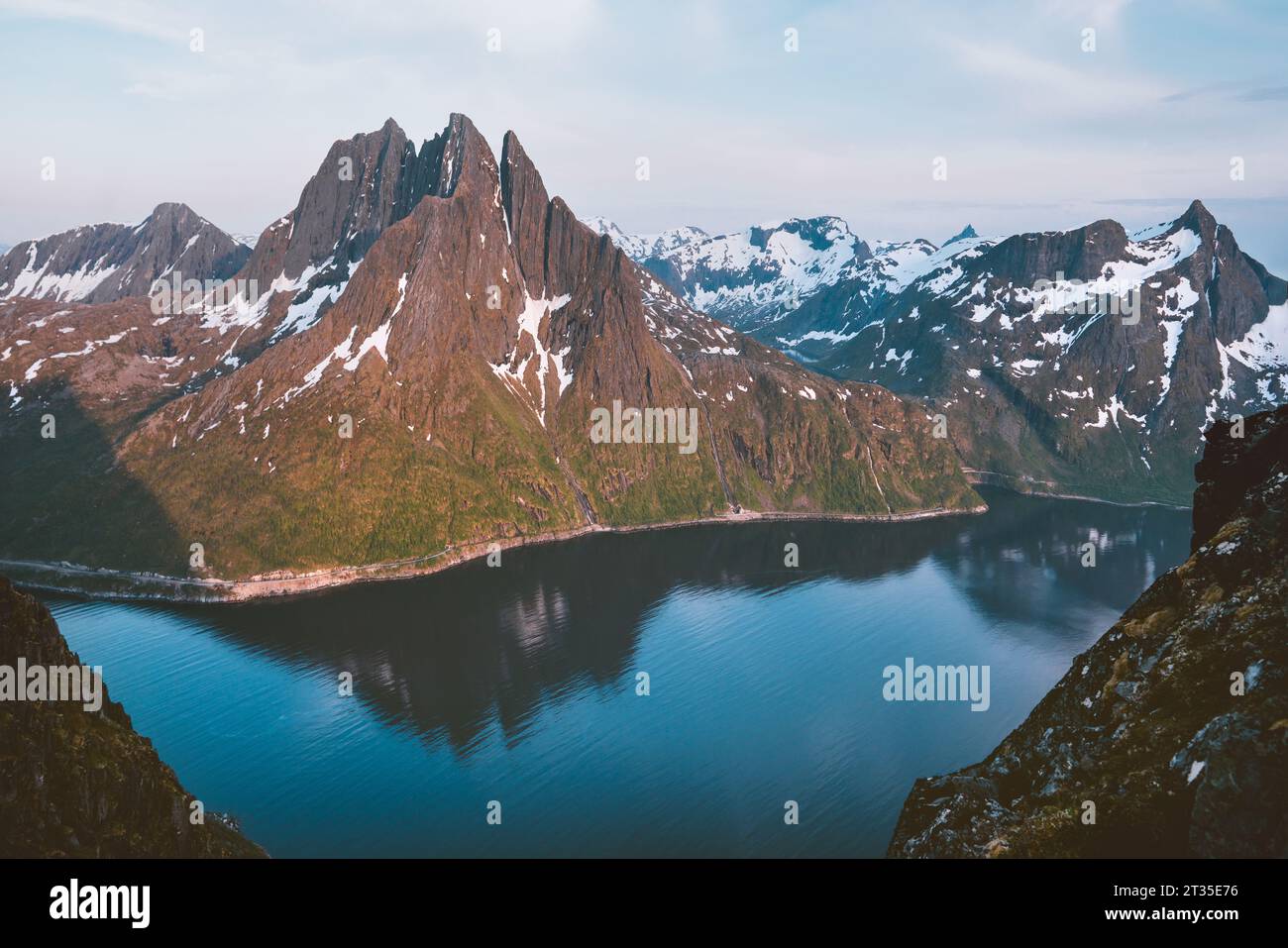 Senja island landscape in Norway rocky mountains and fjord aerial view ...