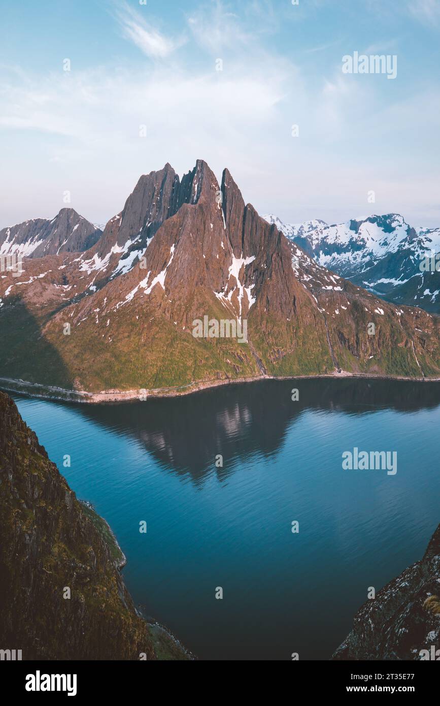 Mountain landscape in Norway rocks and fjord of Senja island aerial ...