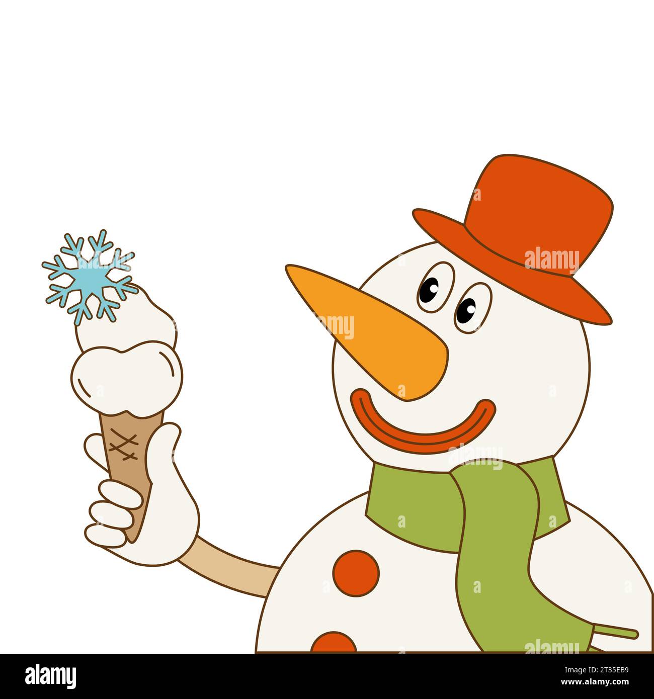 Snowman eats ice cream. Christmas illustration in retro style. Cartoon ...