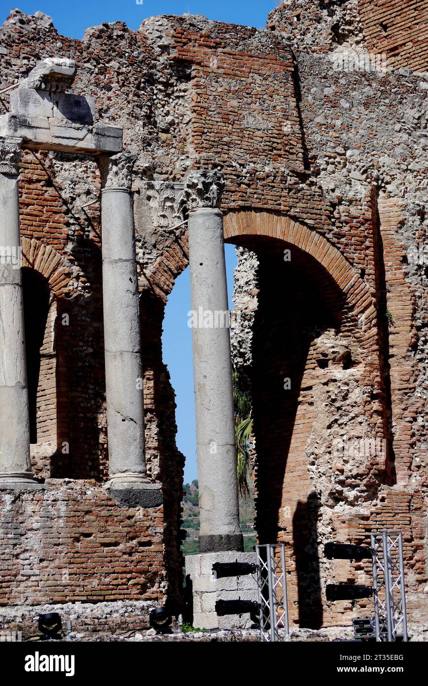 Details of the Ruins of the Ancient Greek Theatre of Taormina (Teatro antico di Taormina) in ...
