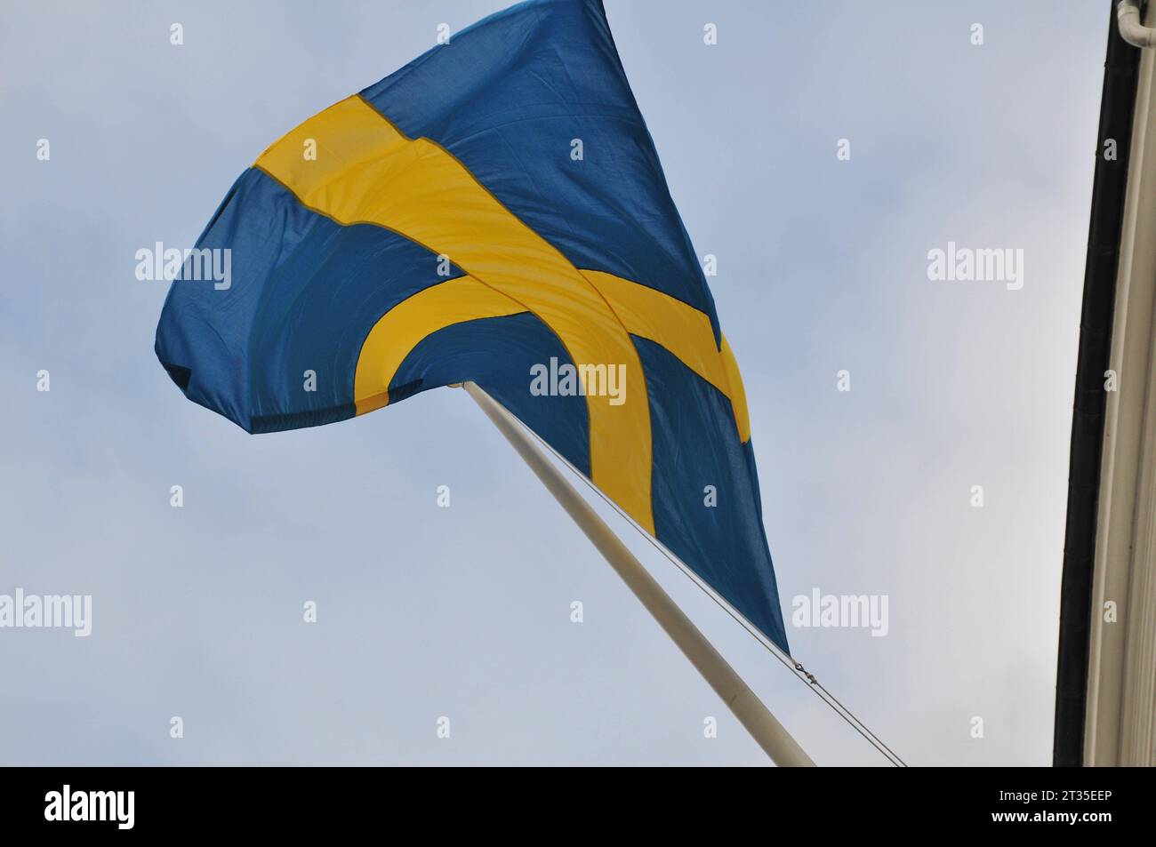 Copenhagen, Denmark /23 October. 2023/.Swedish flag flyas over Swedish ...