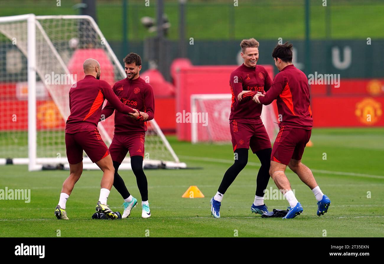 Manchester United's Sofyan Amrabat, Mason Mount, Scott McTominay and Harry Maguire (left-right ...