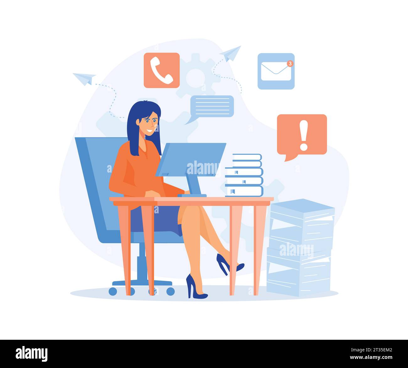 Stress in the office, Tired young woman working on her laptop among ...