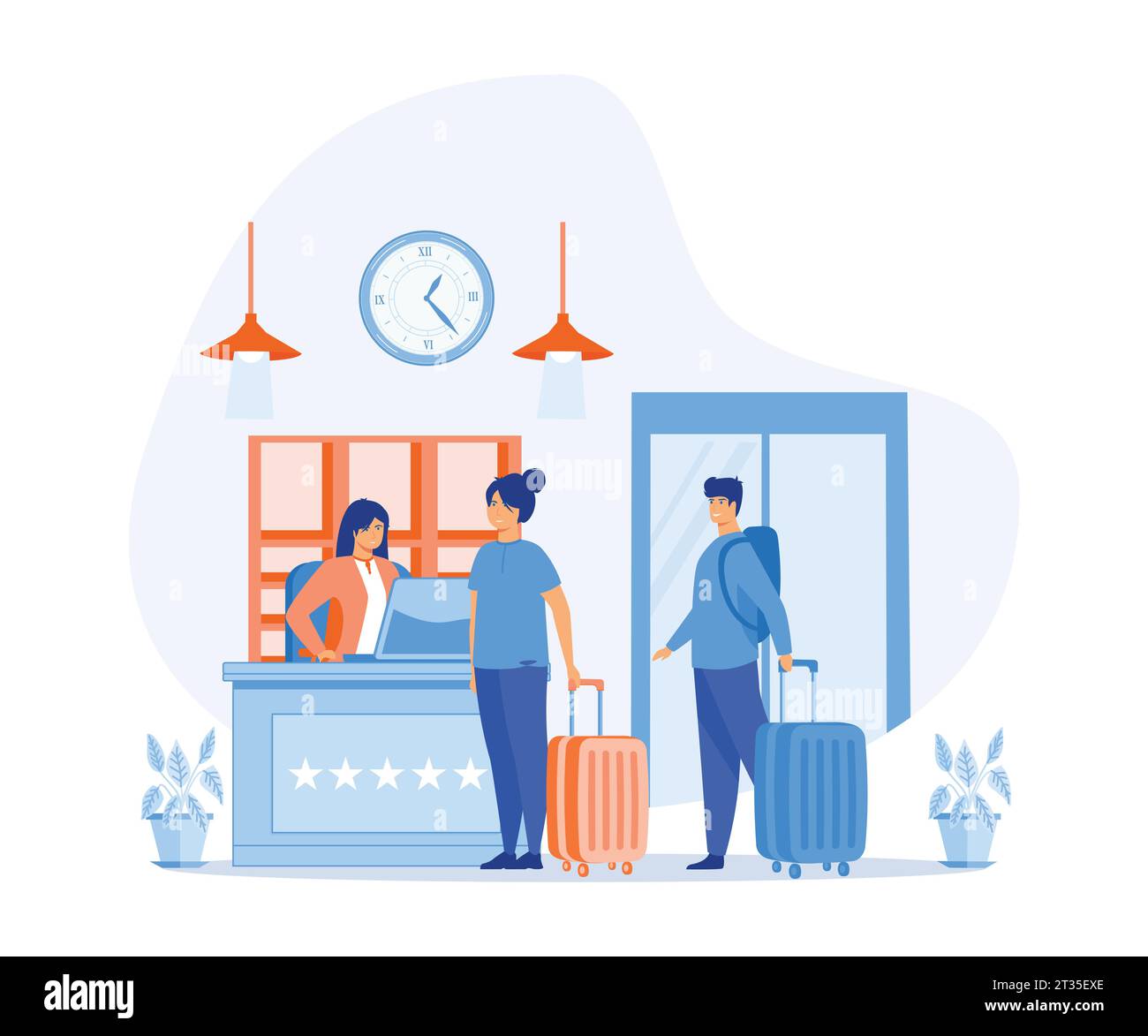 Receptionist welcomes the guest. Woman with suitcases is standing at ...