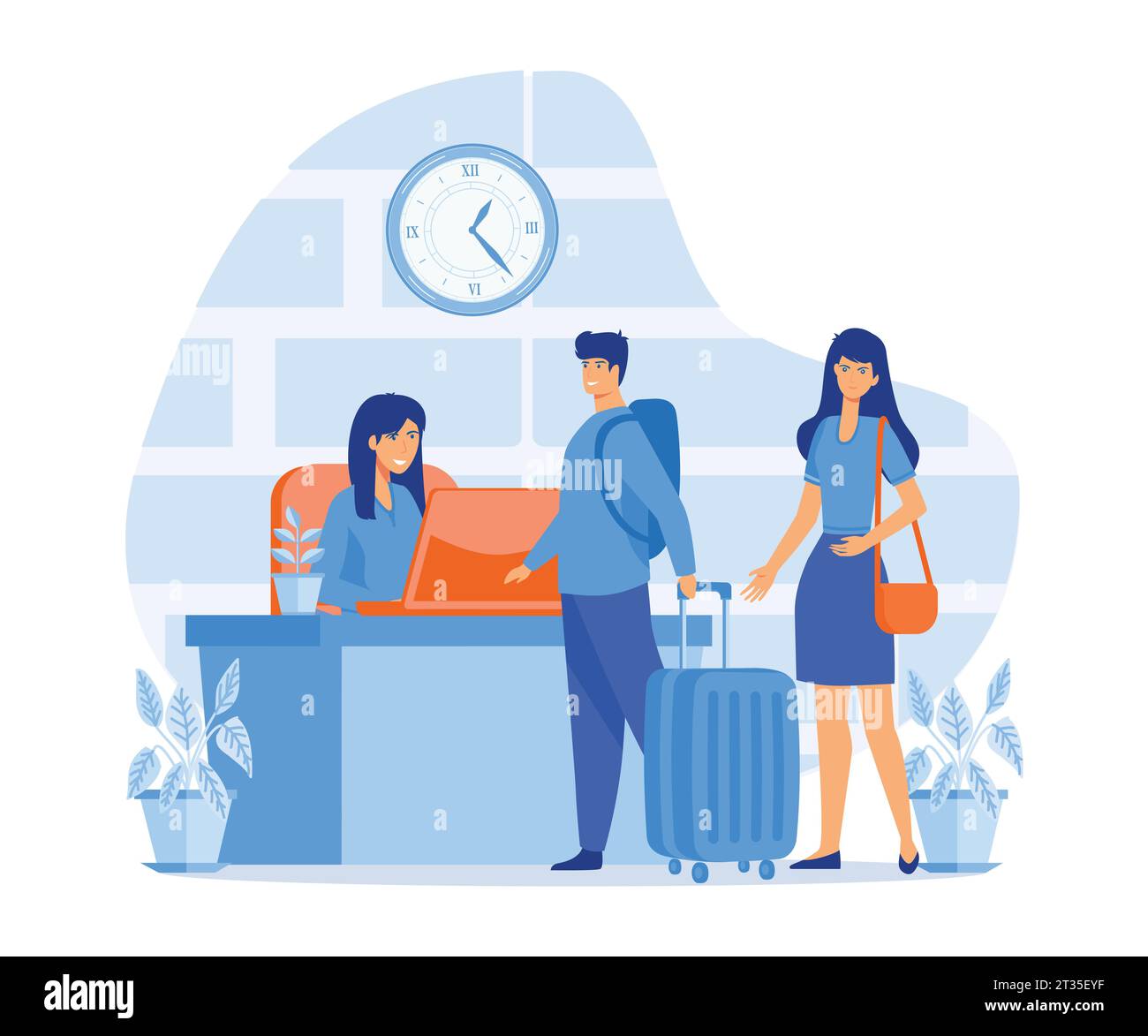 Hotel receptionist, guests talking with receptionist, registration ...