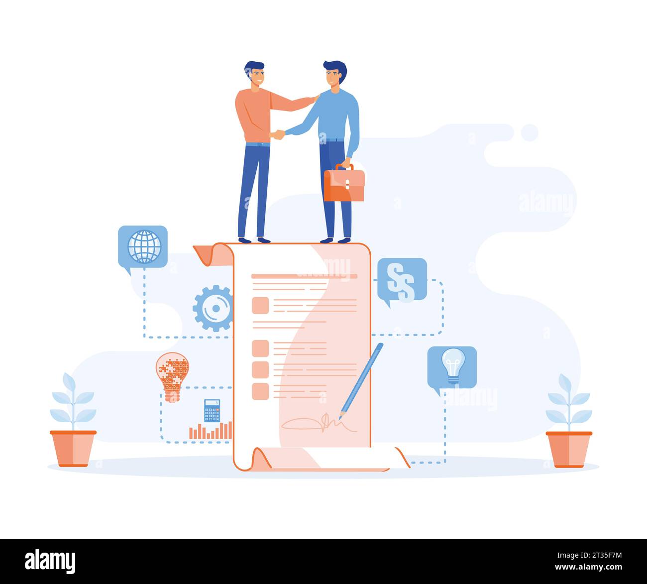 Business agreement concept, Business people standing on a signed contract, flat vector modern ...