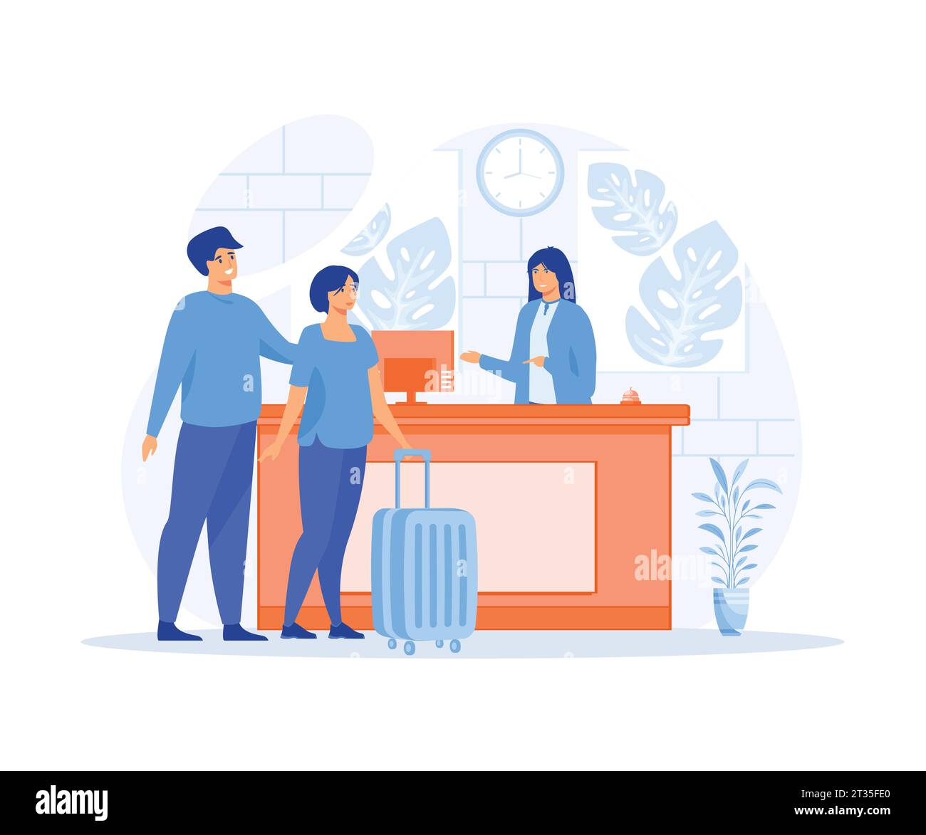 Hotel reception, traveler people standing at desk in office lobby room ...