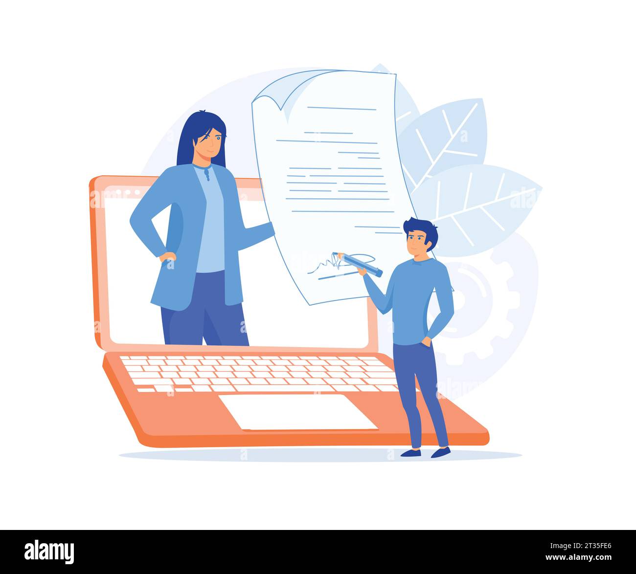 People signing paper and digital contract, Digital user agreement, flat ...