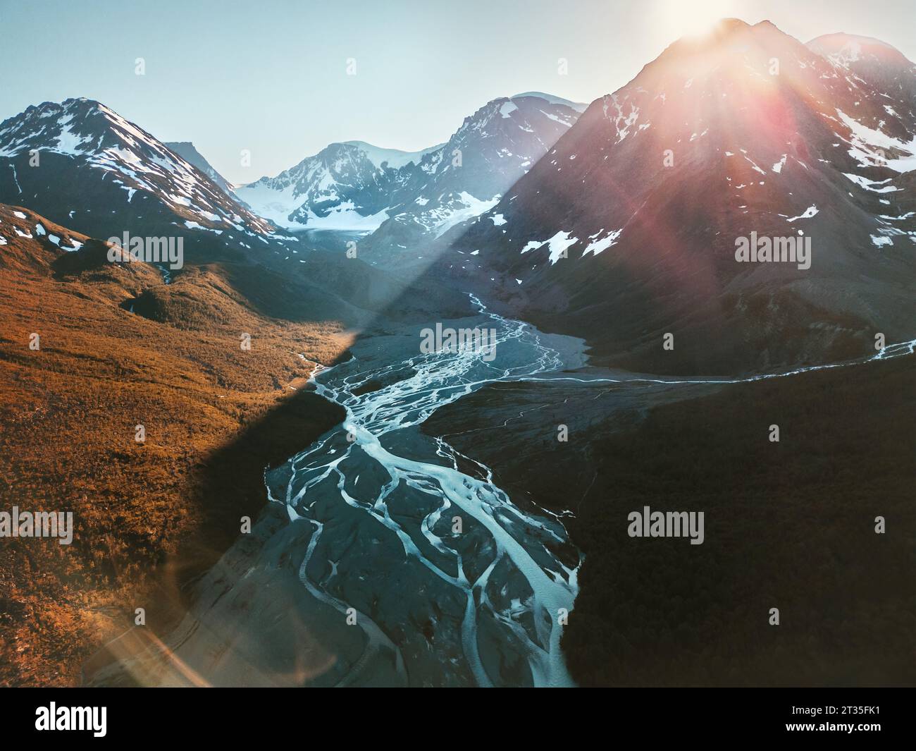 Northern Norway landscape mountains and river aerial view melting ...