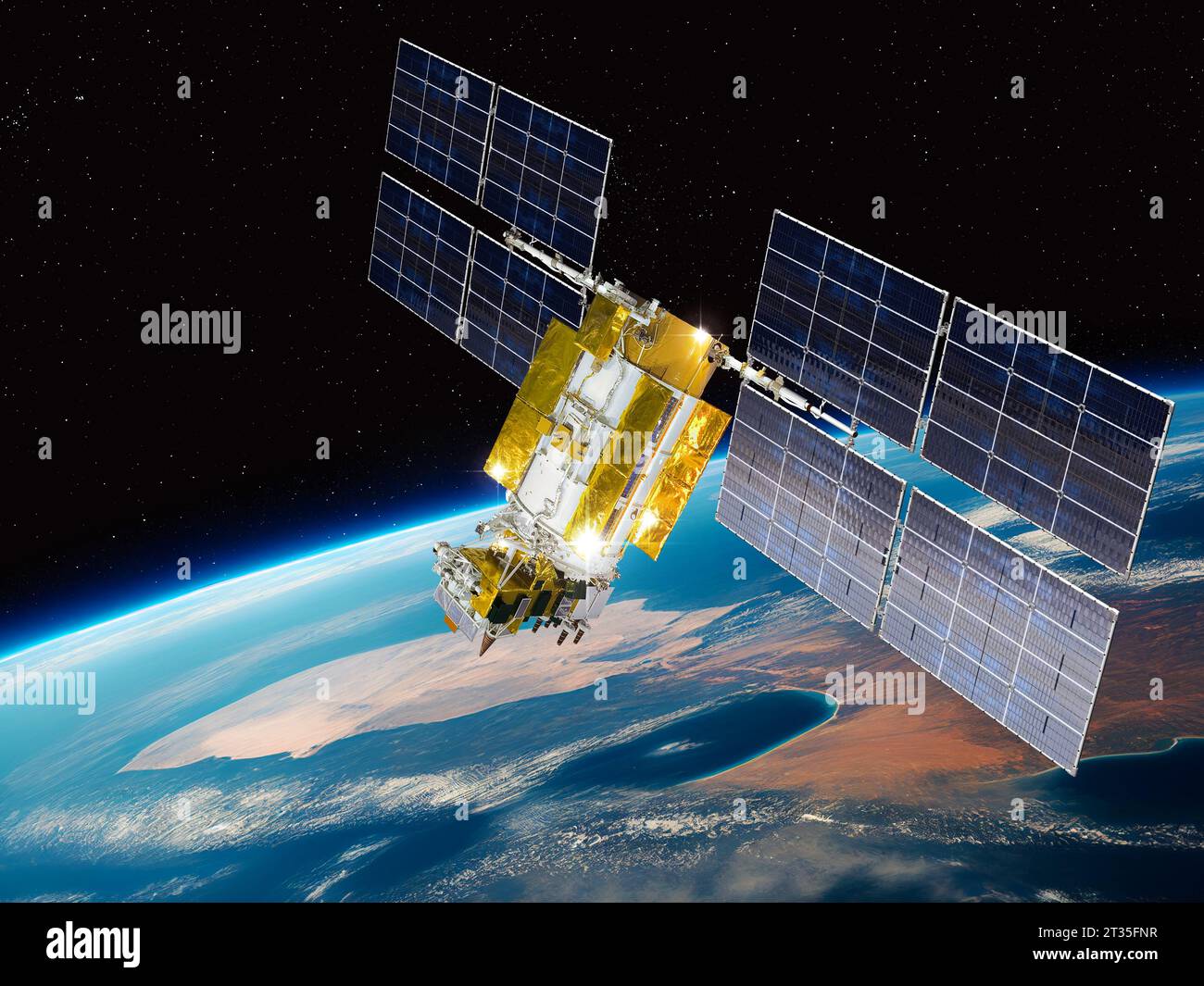 Navigation satellite GLONASS-M at the Earth orbit. 3d rendering ...