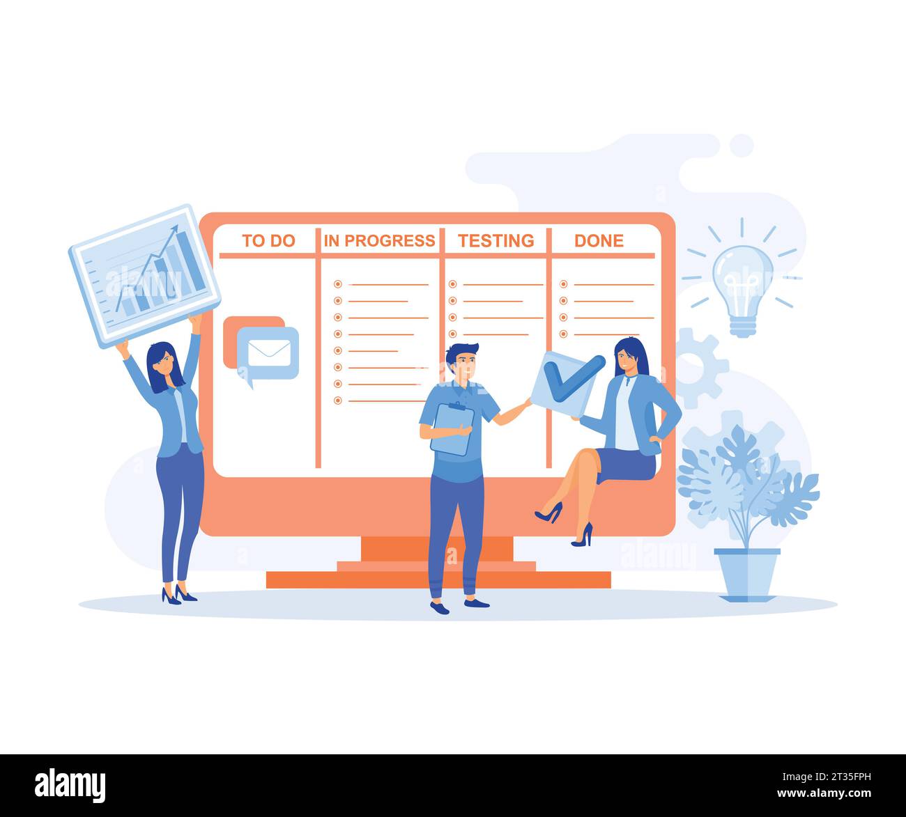 Work flow organization. Office work and time management. teamwork communication process, agile ...