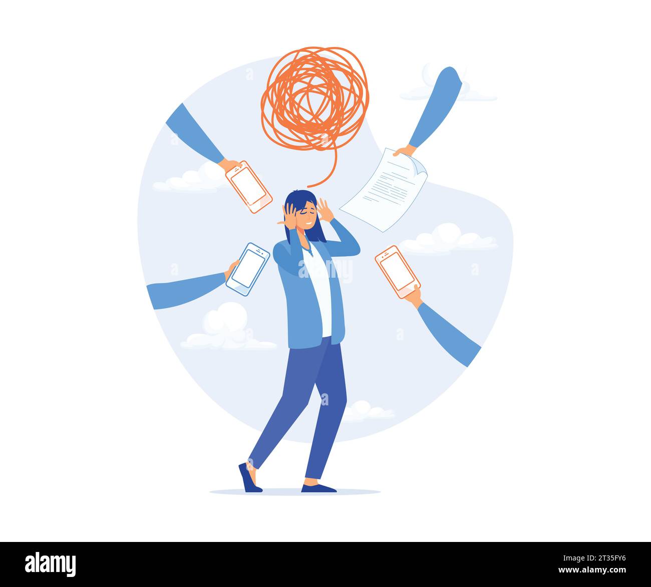 Multitasking and Time Management Concept. Business Woman Surrounded by ...