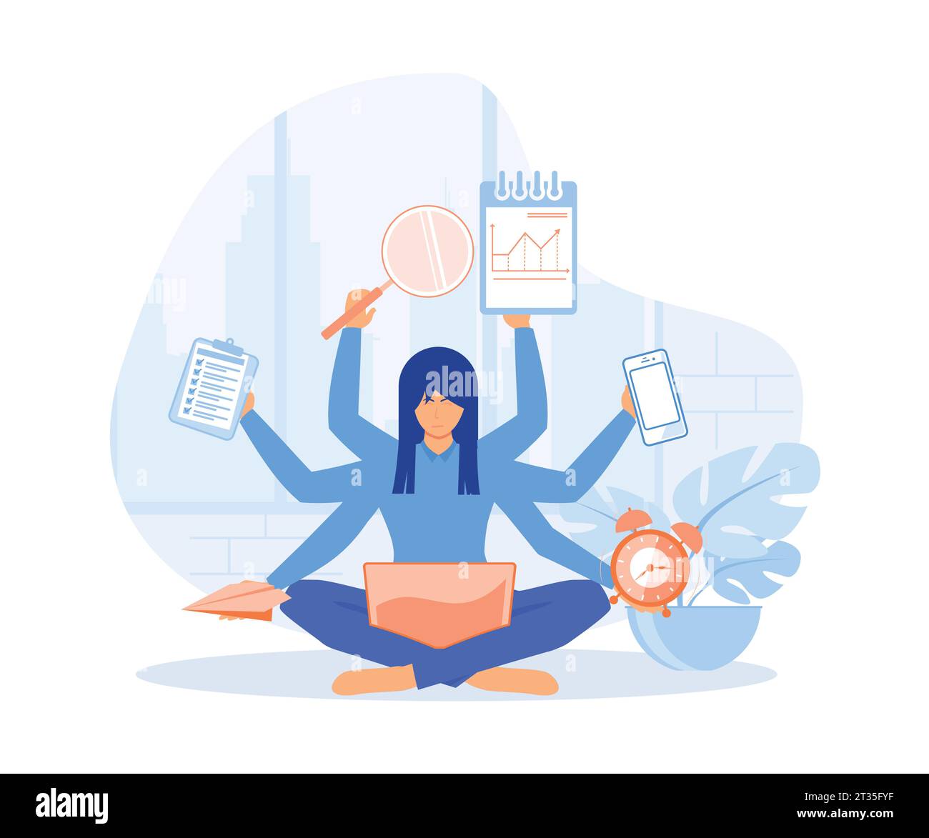 Multitasking. Time management. Girl with many arms sits in the Yoga ...