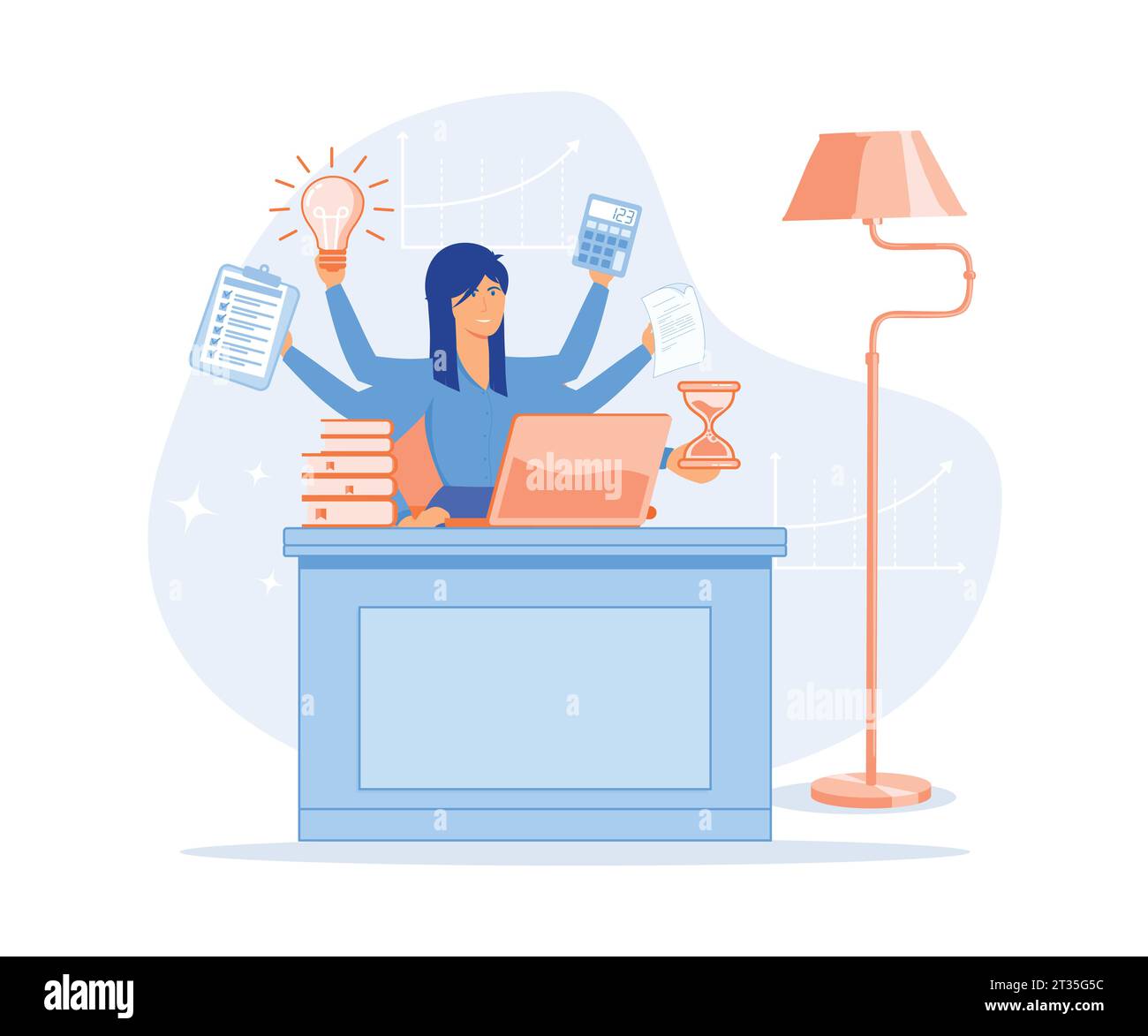 Multitasking and Time Management Concept, Woman in Workplace with ...