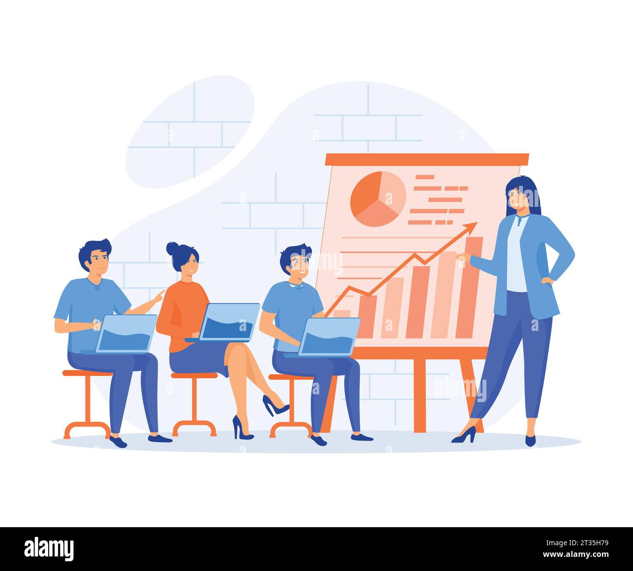 Business seminar, female speaker doing presentation and professional training about marketing ...