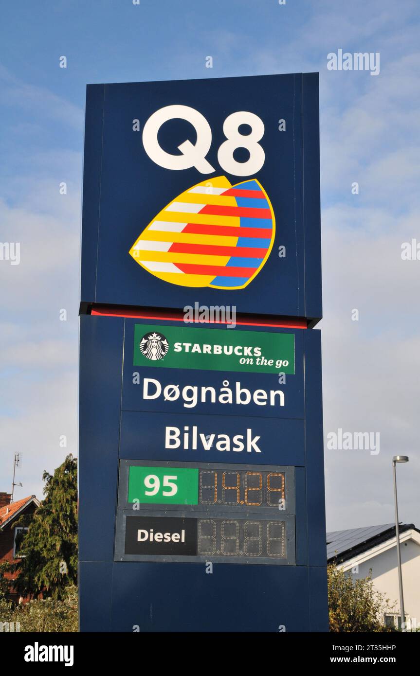 Copenhagen, Denmark /23 October. 2023/. Gas pice and Q8 petrol station ...