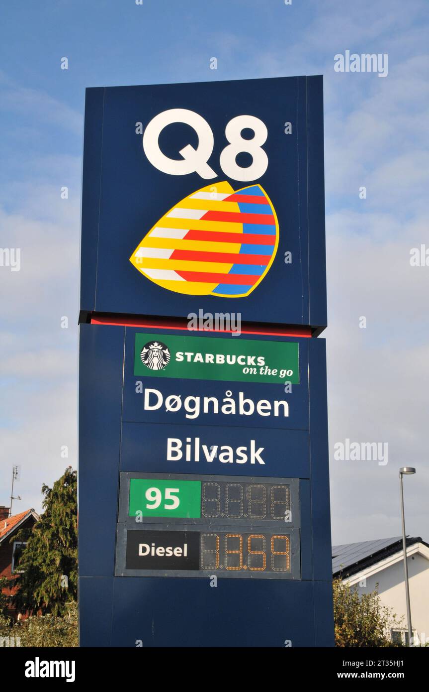 Copenhagen, Denmark /23 October. 2023/. Gas pice and Q8 petrol station ...