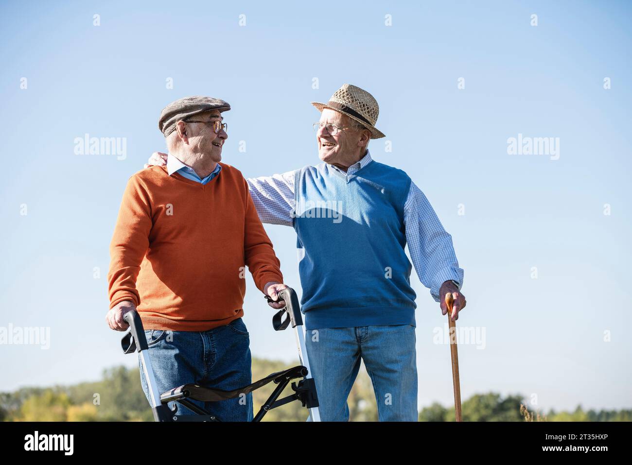 Old friends taking a stroll in the fields with walking stick and ...