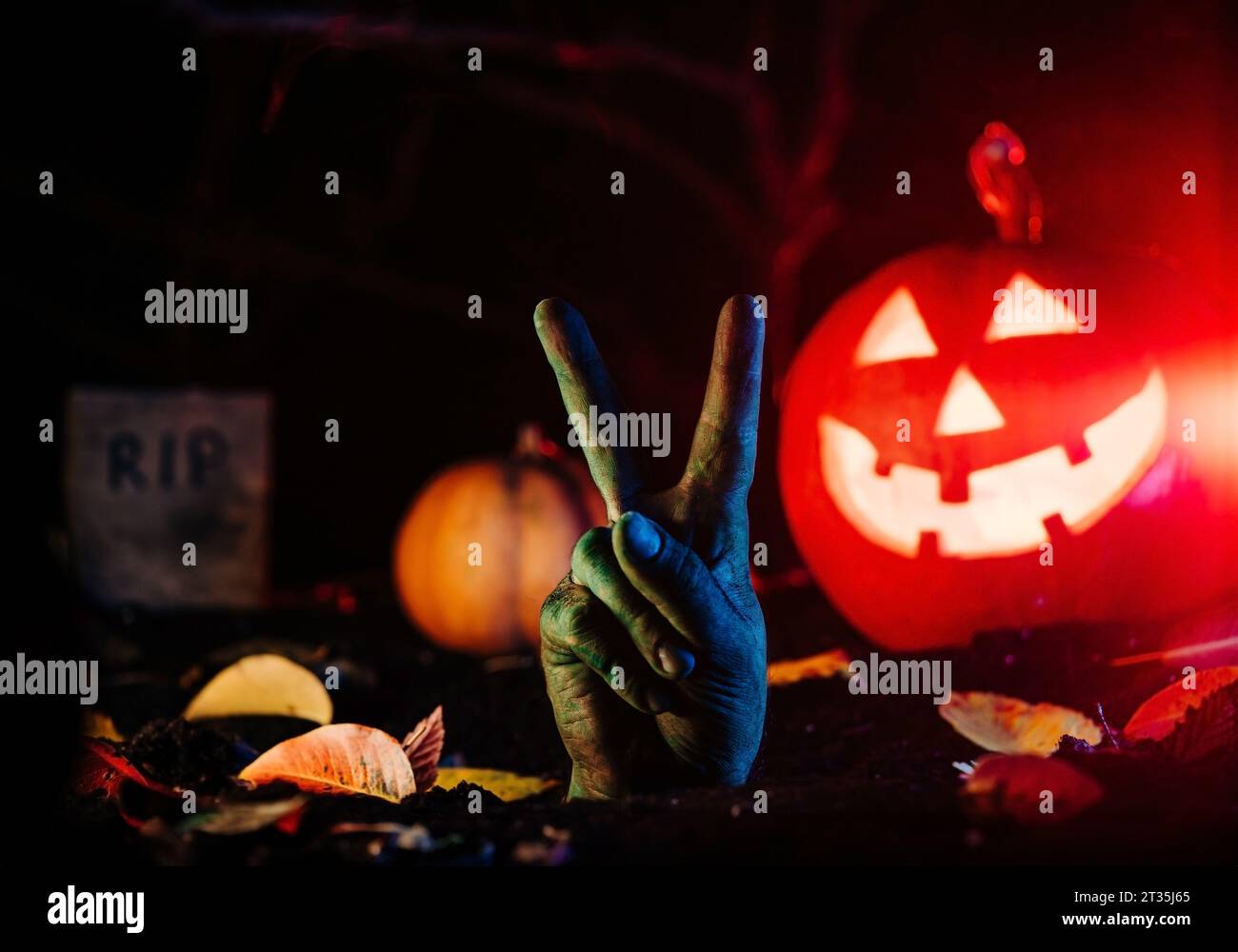 Terrible zombie hand with peace sign from grave. Halloween, V - victory ...