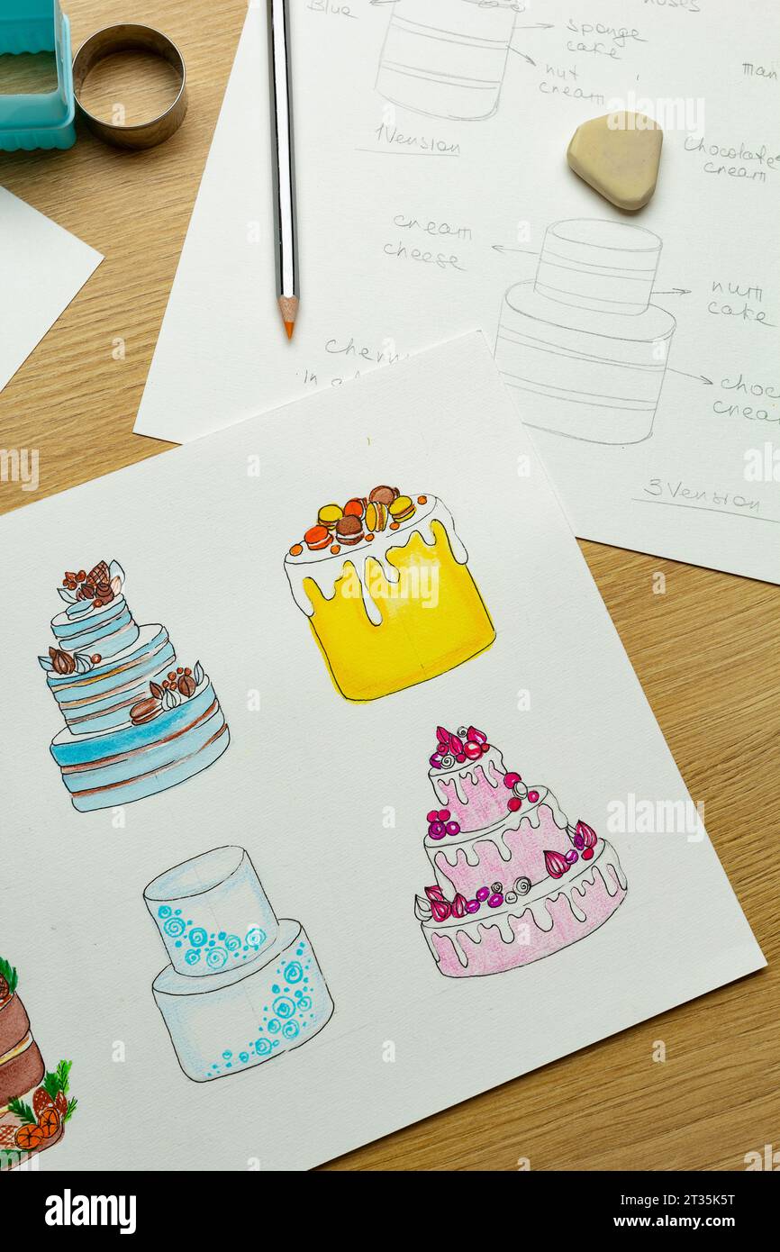 Designer sketches of cakes drawn on paper Stock Photo - Alamy