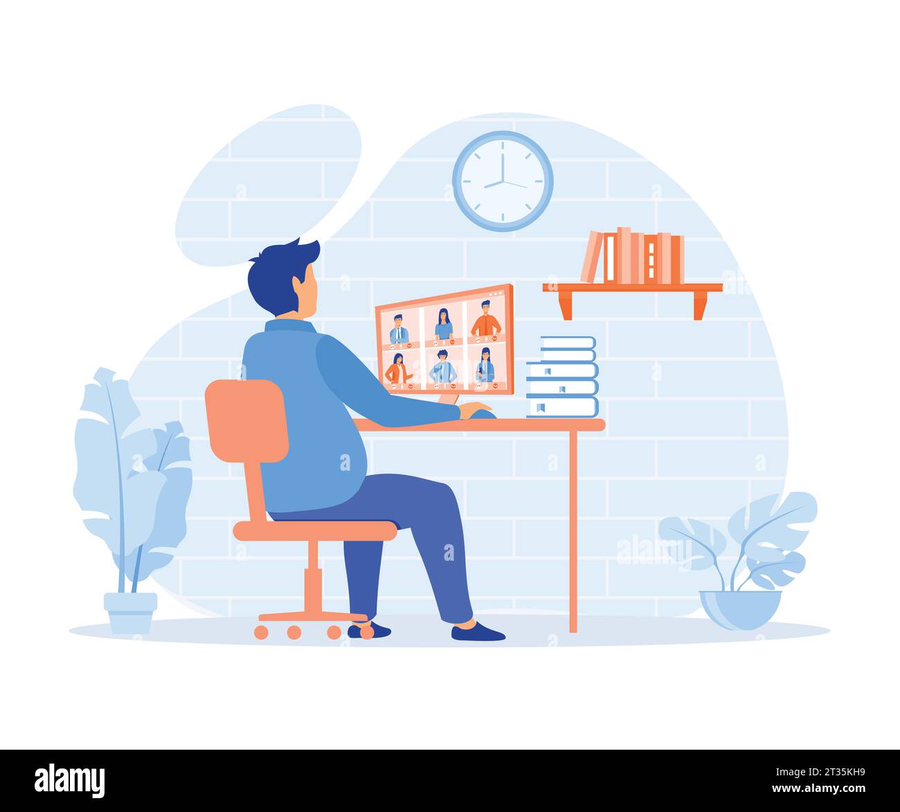 Worker using computer for collective virtual meeting and group video ...