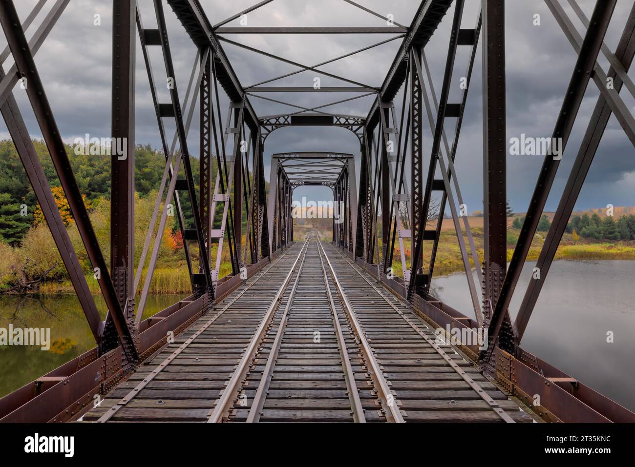 Double span riveted railway truss bridge built in 1893 crossing the ...