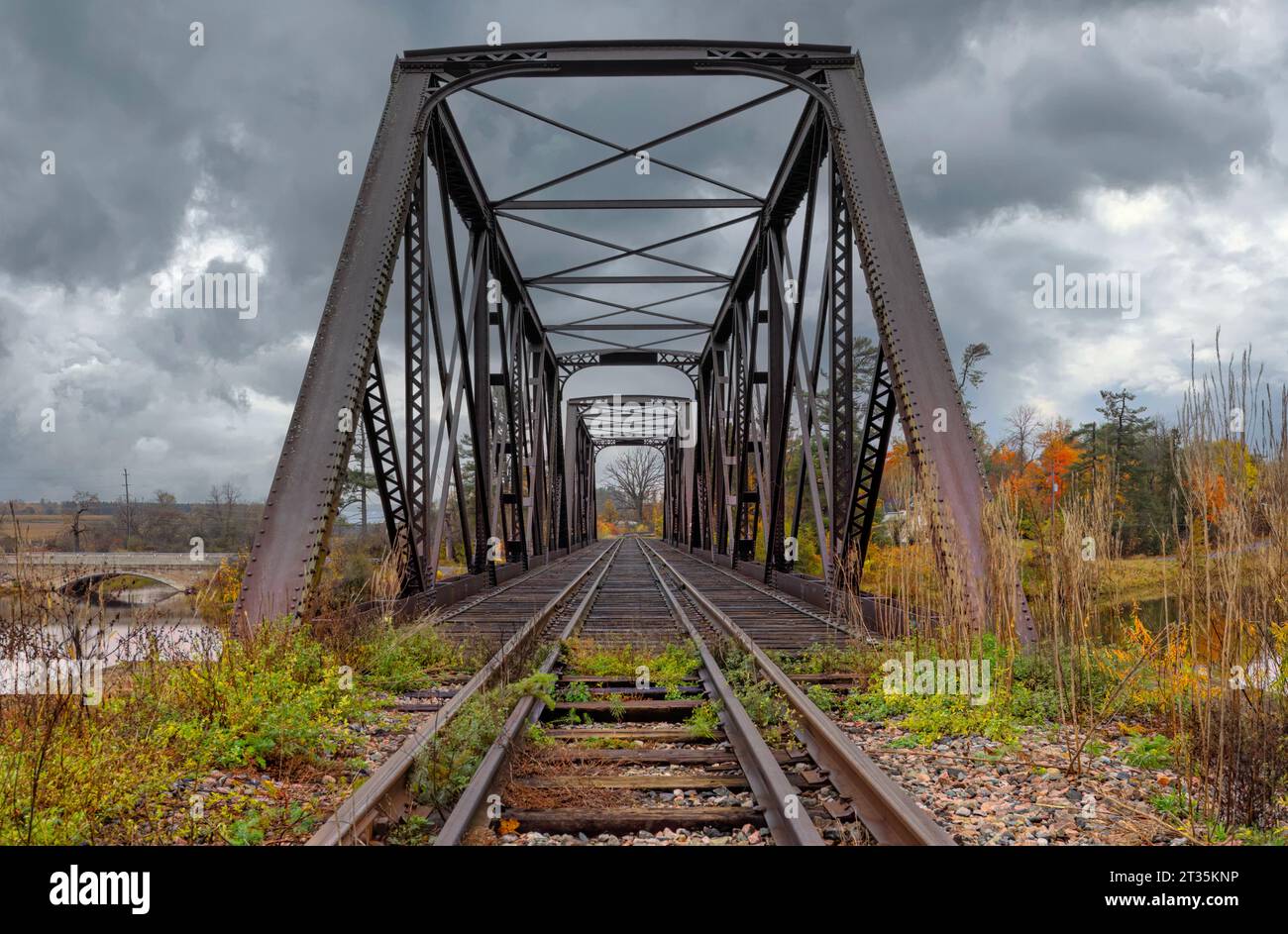 Double span riveted railway truss bridge built in 1893 crossing the ...