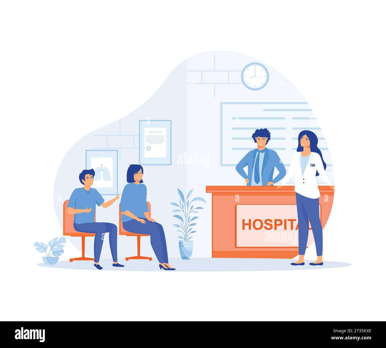 Hospital reception, Patients at a hospital reception desk registering ...