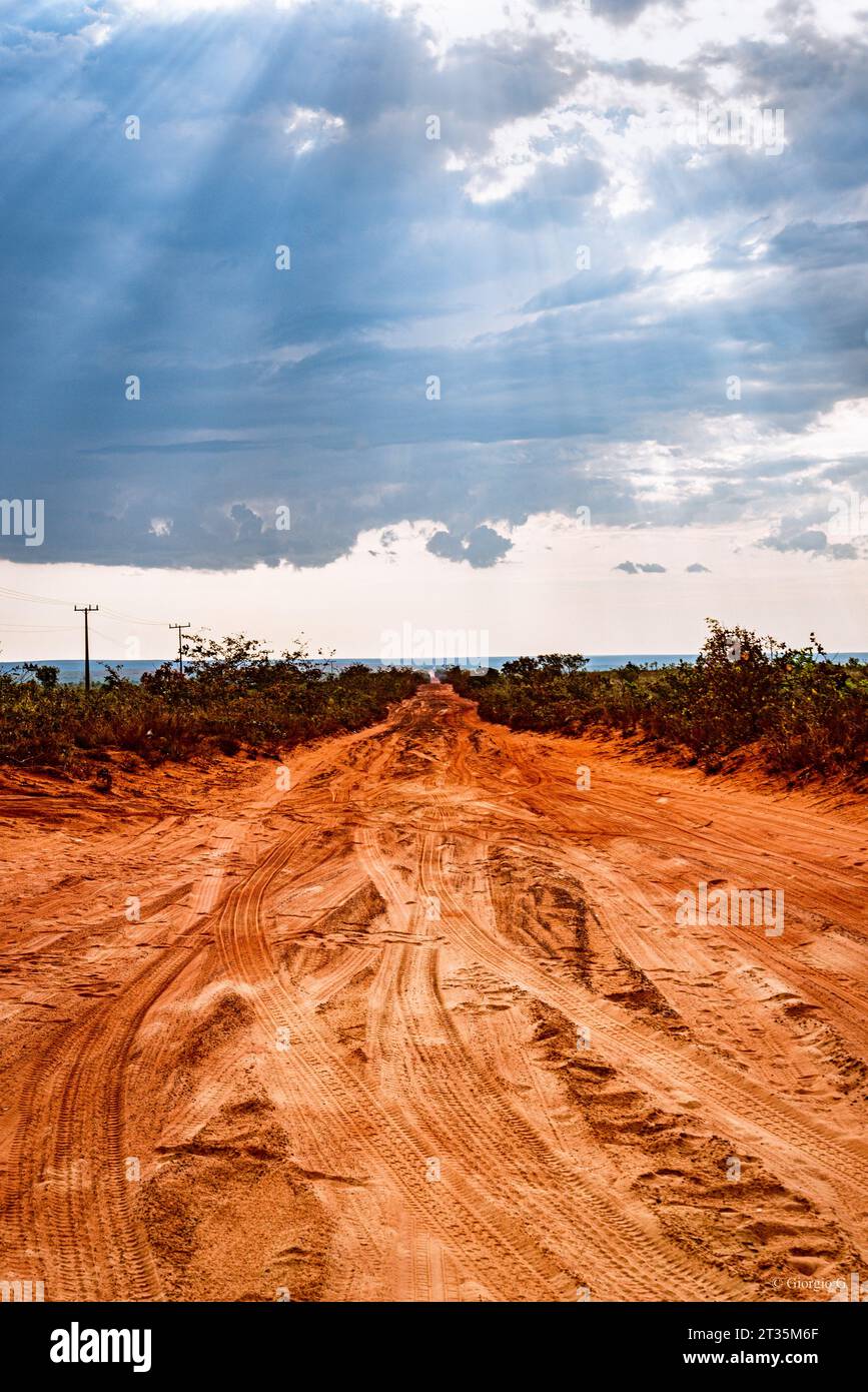 View of dirt road crossing through Jalapao national park in nothern ...
