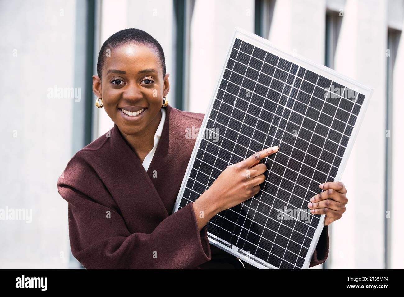 Happy businesswoman pointing on solar panel Stock Photo - Alamy