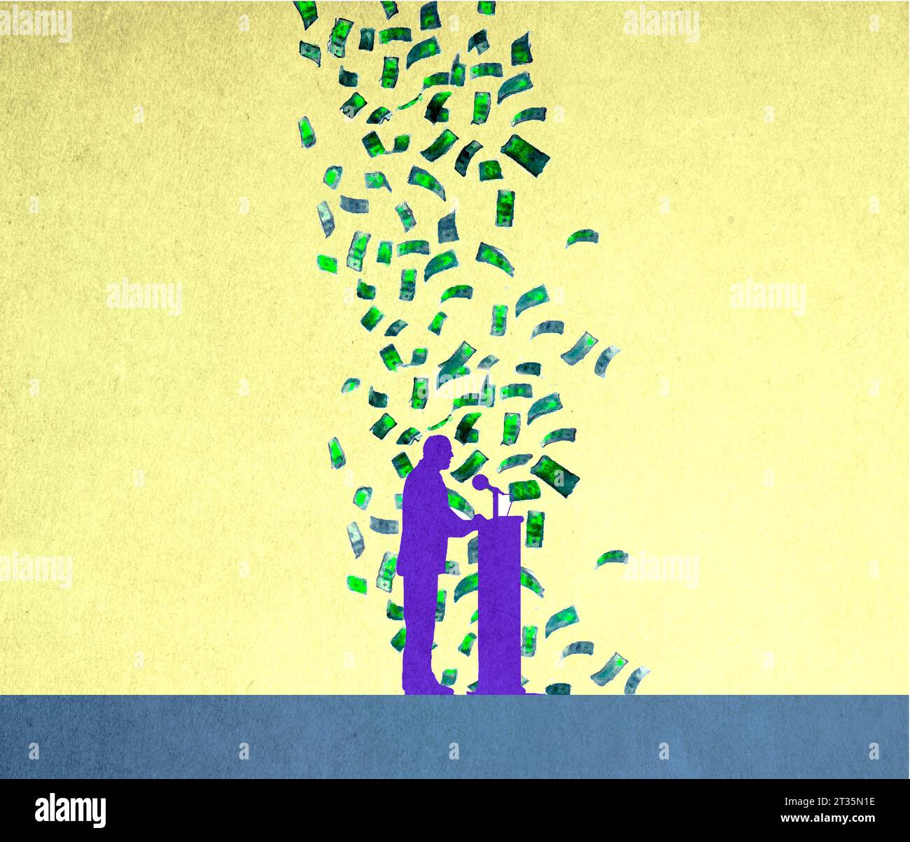 Illustration of money falling on male public speaker Stock Photo - Alamy