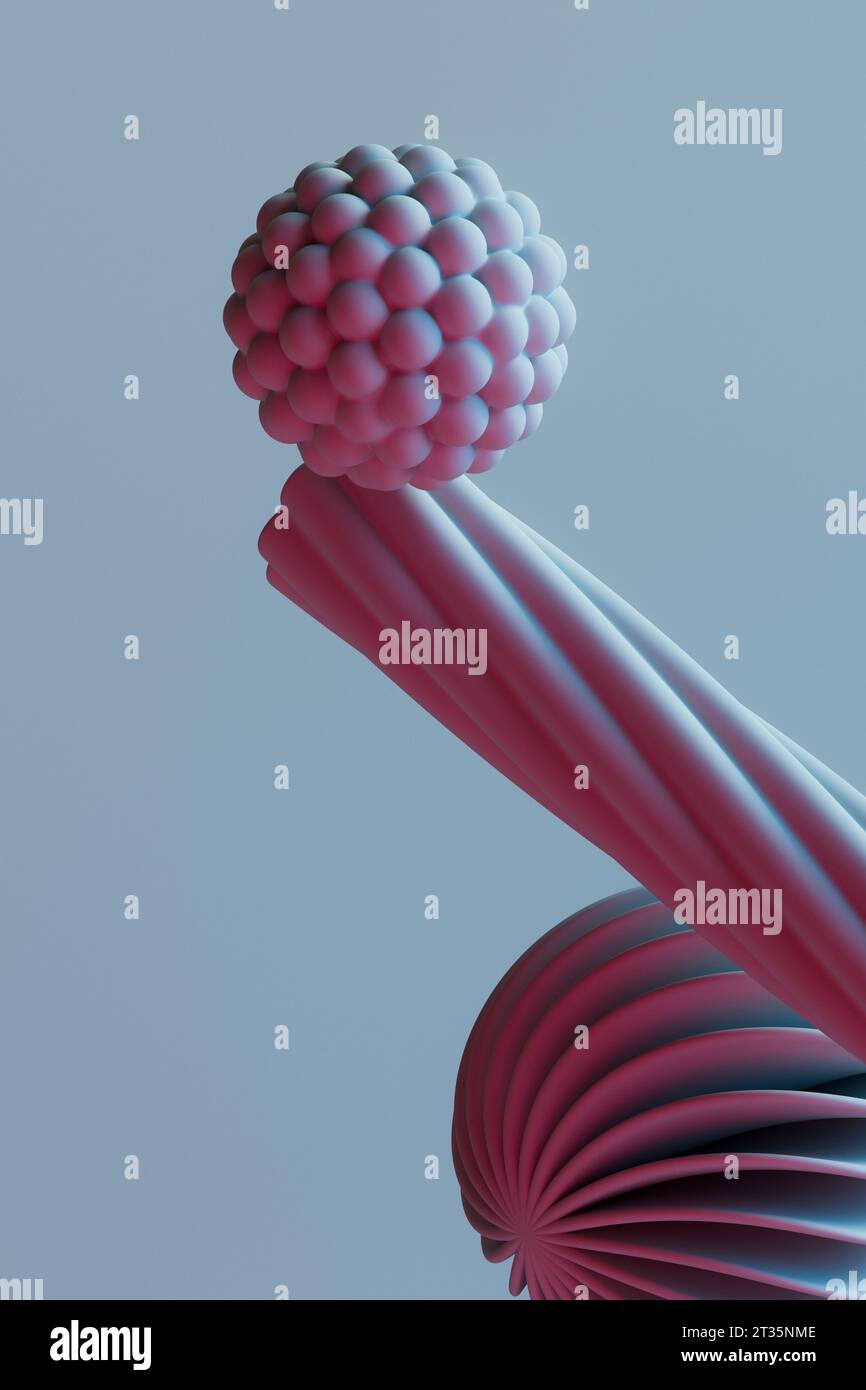 3D render of two spheres and cylinder floating against gray background ...