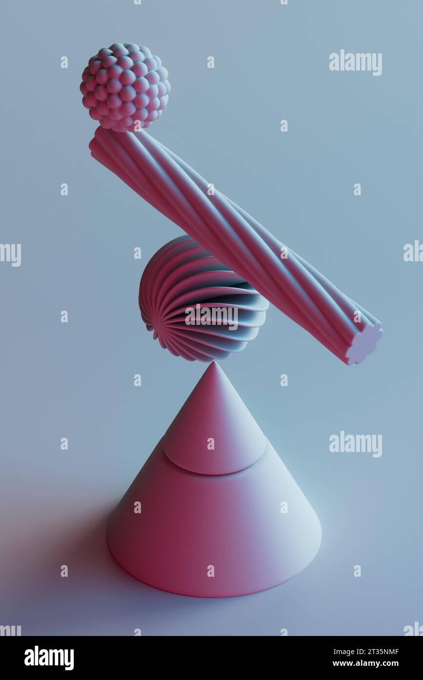 3D render of two spheres and cylinder floating over cone Stock Photo ...