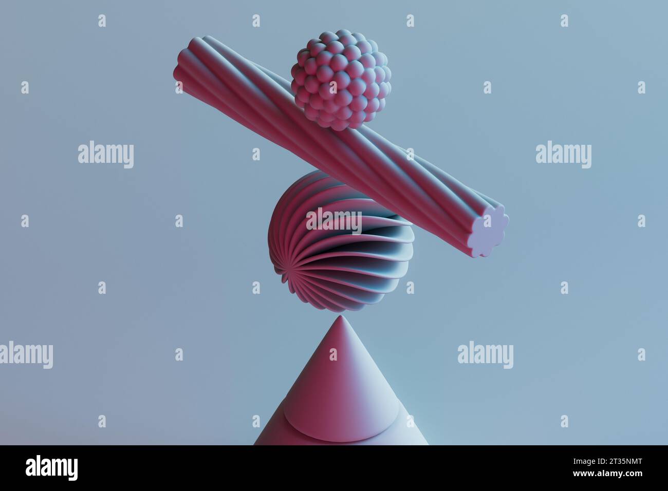 3D render of two spheres and cylinder floating over cone Stock Photo ...