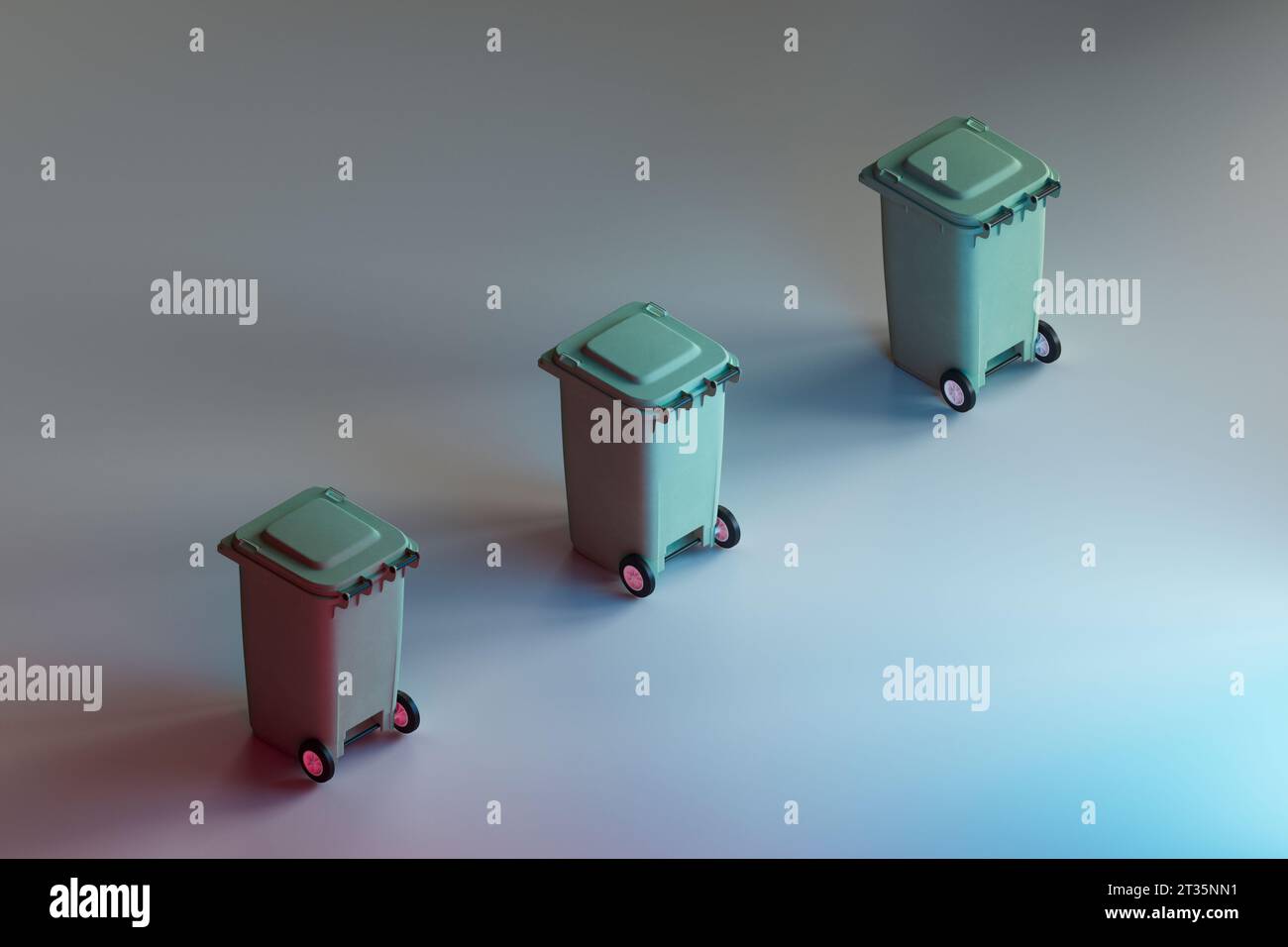 3D render of row of wheeled garbage cans Stock Photo - Alamy
