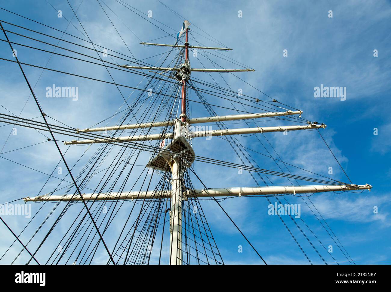 The abstract view of a sailing ship tall mast in Gdynia city port ...
