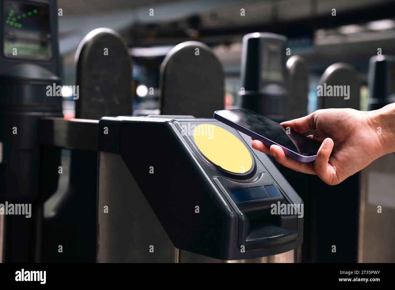 Hand of businesswoman scanning through smart phone at turnstile Stock ...