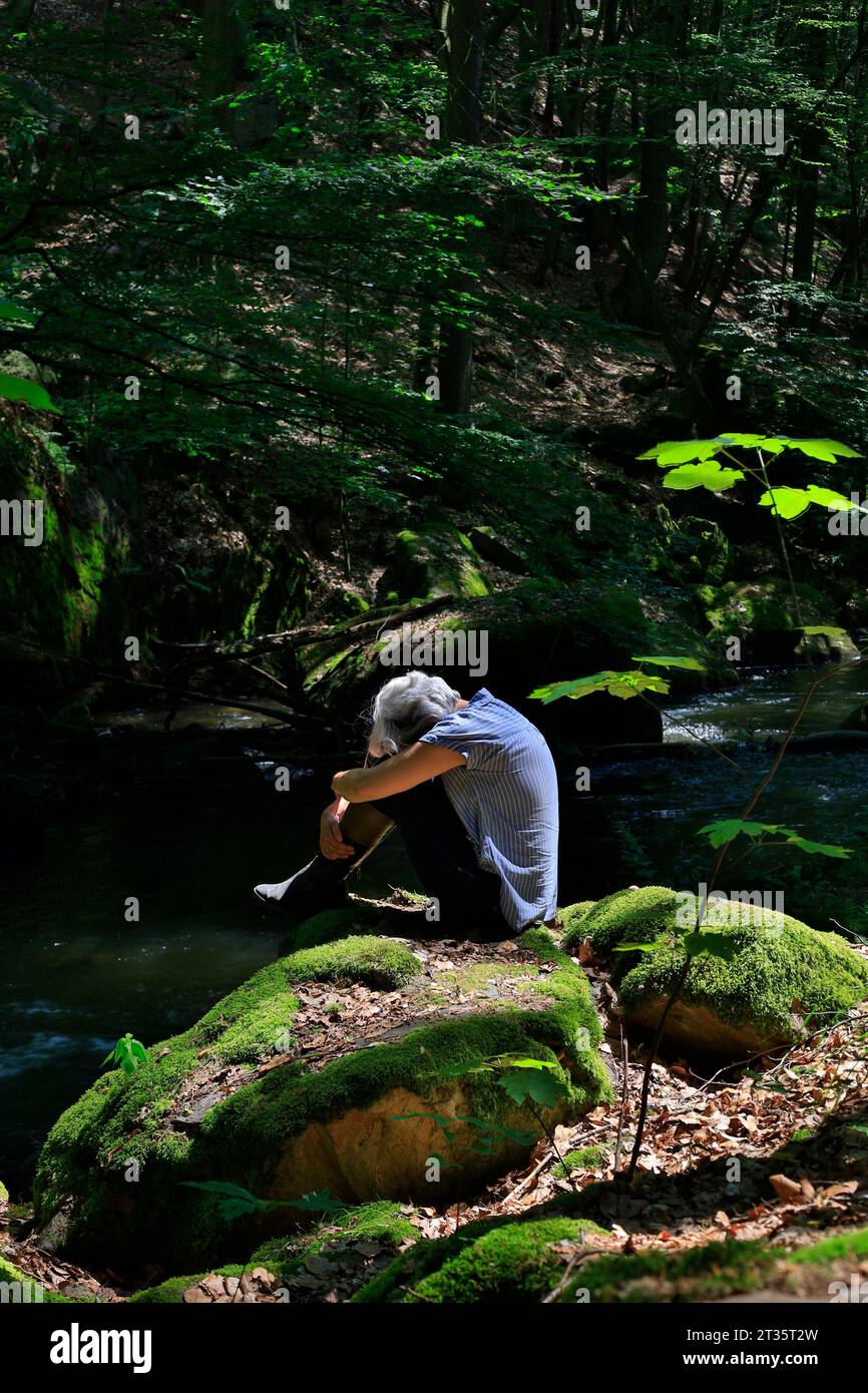 Woman hugging knees sitting on rocks in front of trees at forest Stock ...