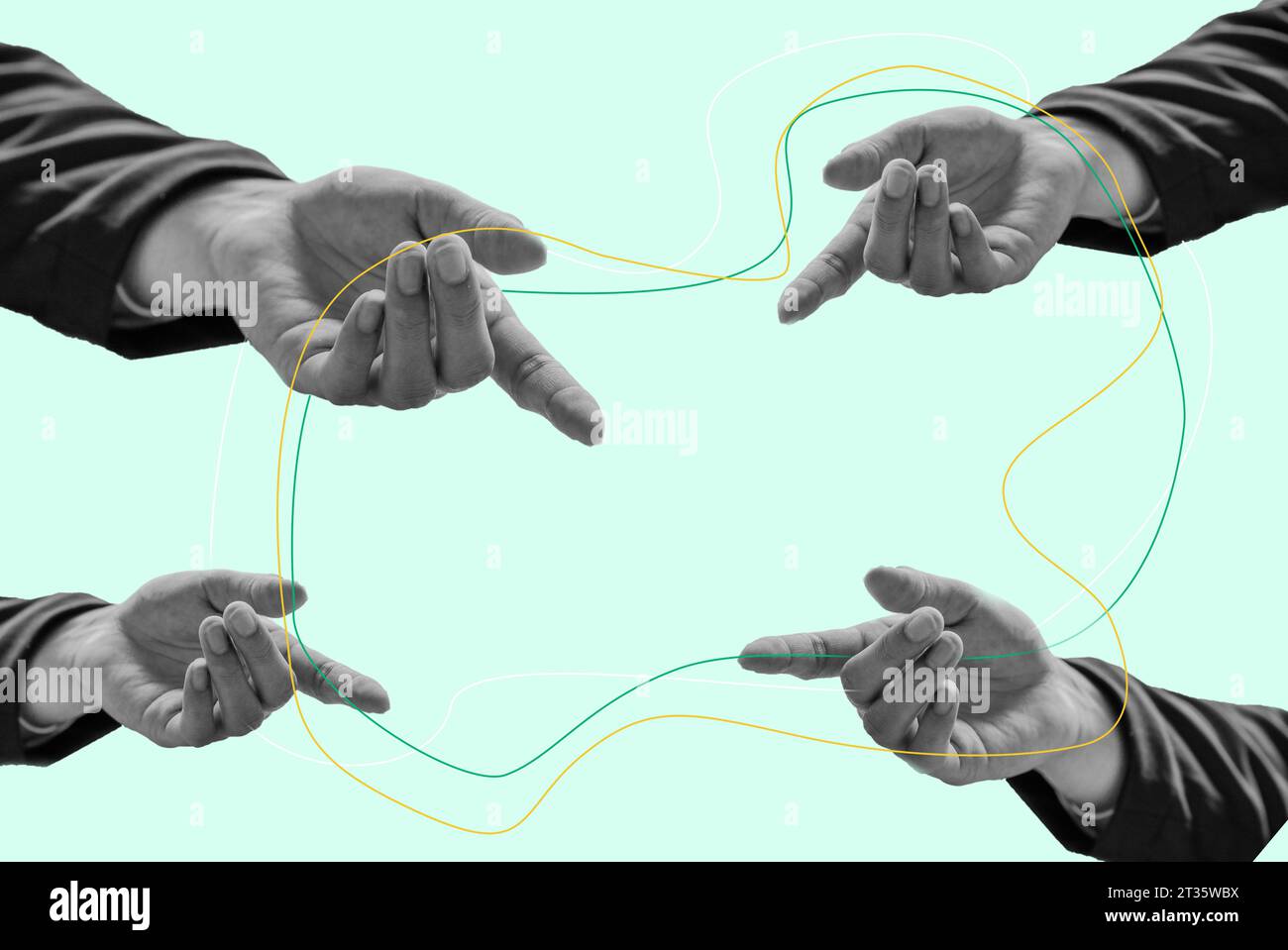 Contemporary art collage. four hands and rope connect four hands ...