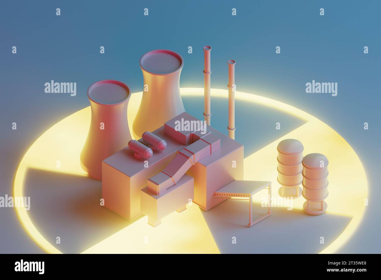 3D render of nuclear power plant model standing on radioactive warning ...