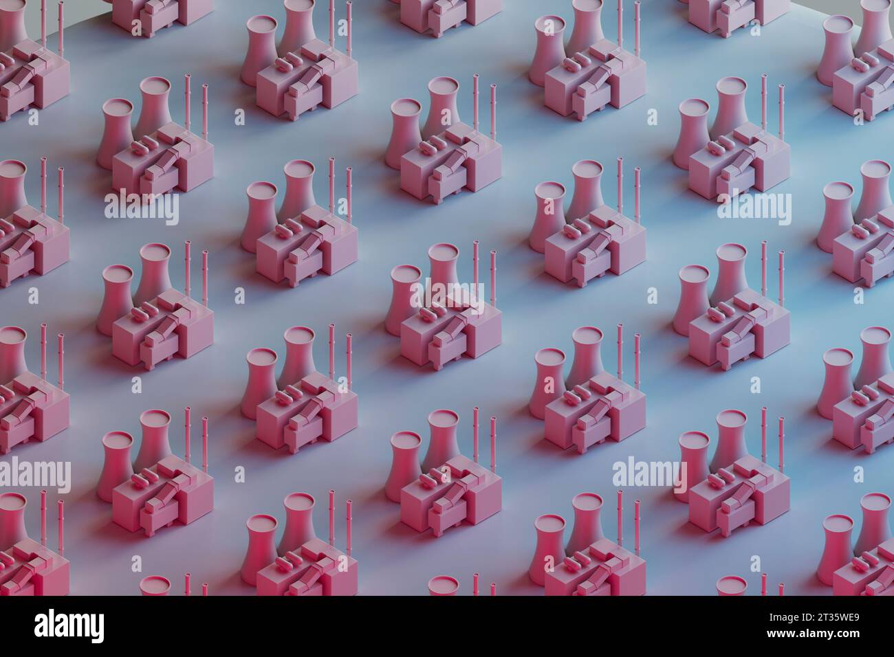 3D render of rows of nuclear power plant models standing against gray ...