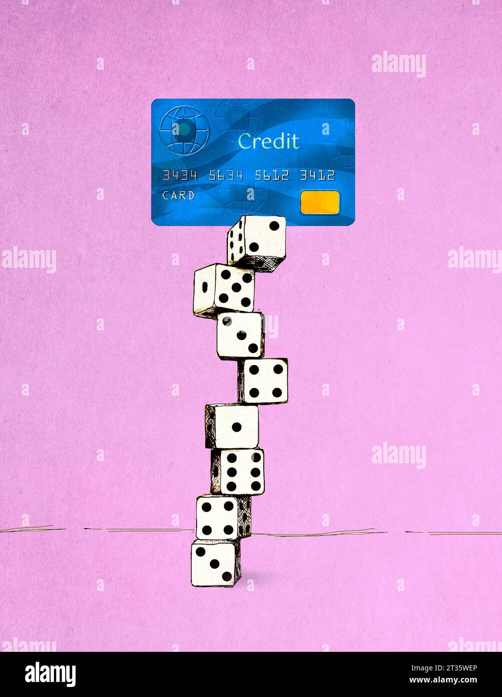 Illustration of credit card balancing on top of stack of dice Stock ...